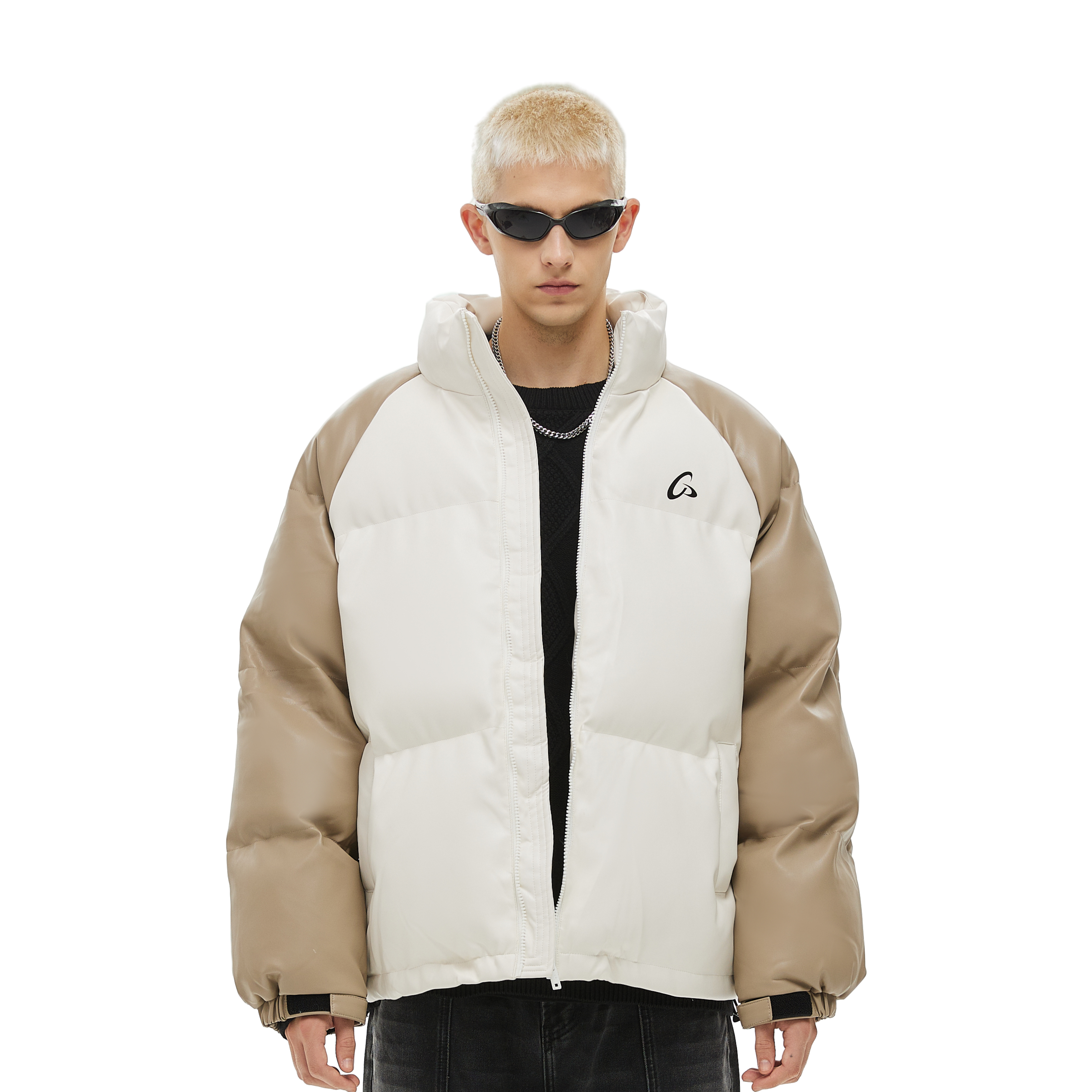 Khaki and white Frisbee colorblocked leather jacket – CLIMAX VISION